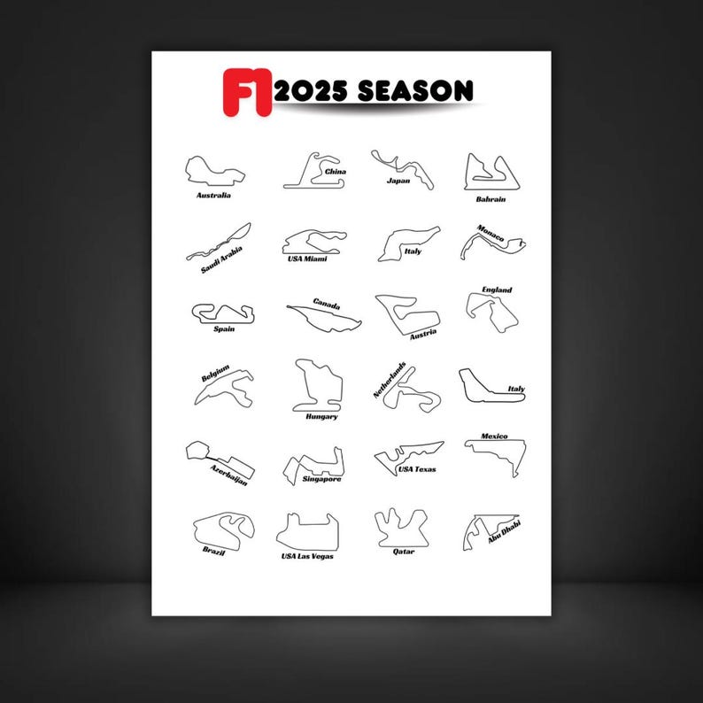 2025 F1 Season All Tracks Print. Full Season. F1 Gifts. Formula One ...