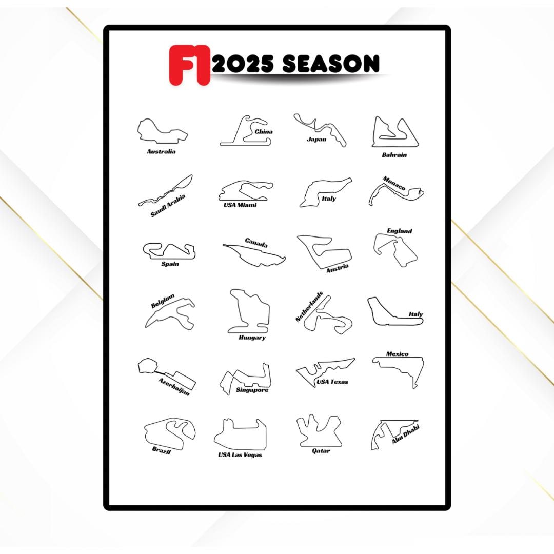 2025 F1 Season All Tracks Print. Full Season. F1 Gifts. Formula One ...