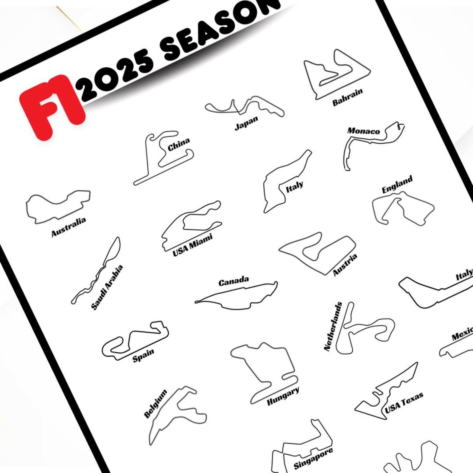 2025 F1 Season All Tracks Print. Full Season. F1 Gifts. Formula One ...