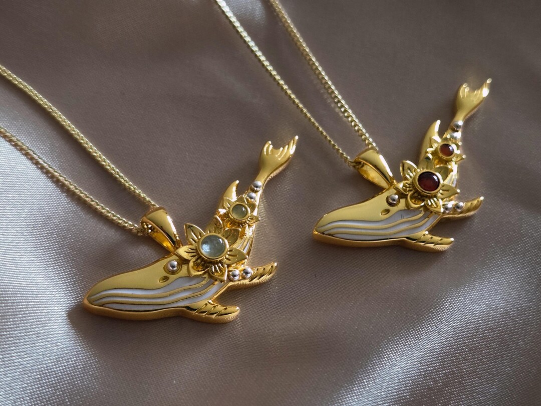 18k Gold Whale Necklace With Garnet - Whale Jewelry - Ocean Pendant ...