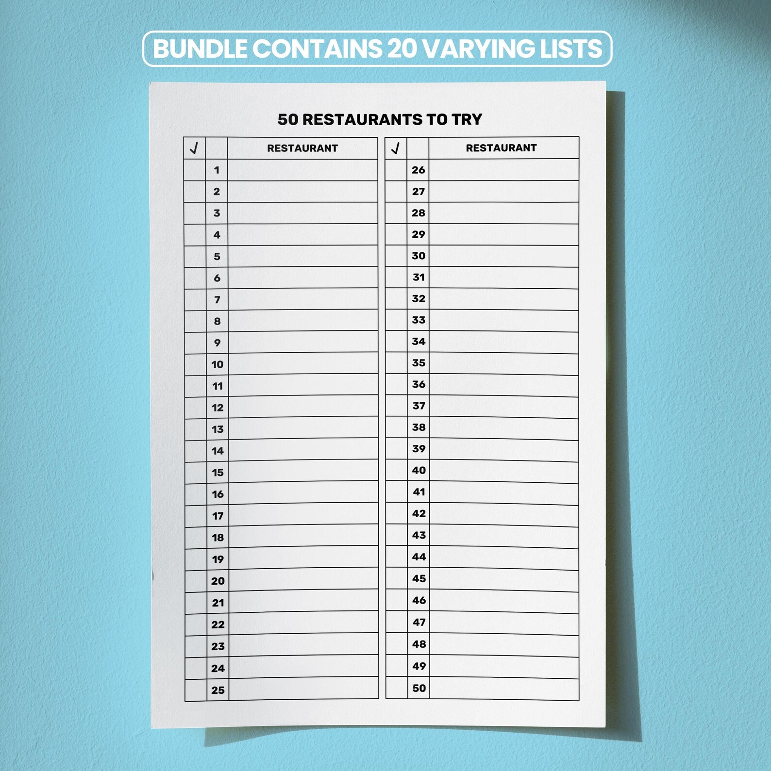 Restaurants to Try List, Printable Journal Page, Planner Page, List of ...