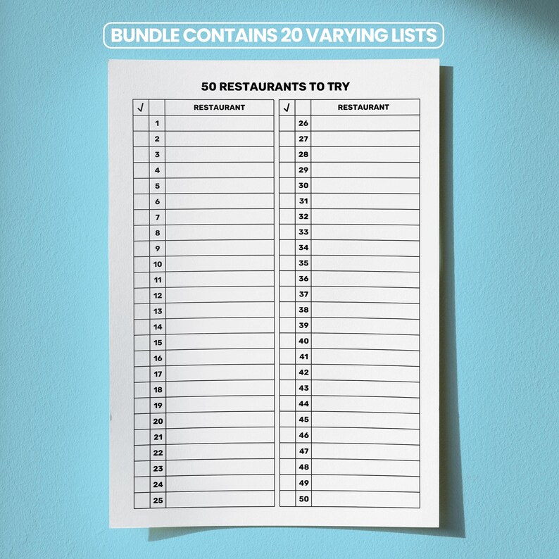 Restaurants to Try List, Printable Journal Page, Planner Page, List of ...