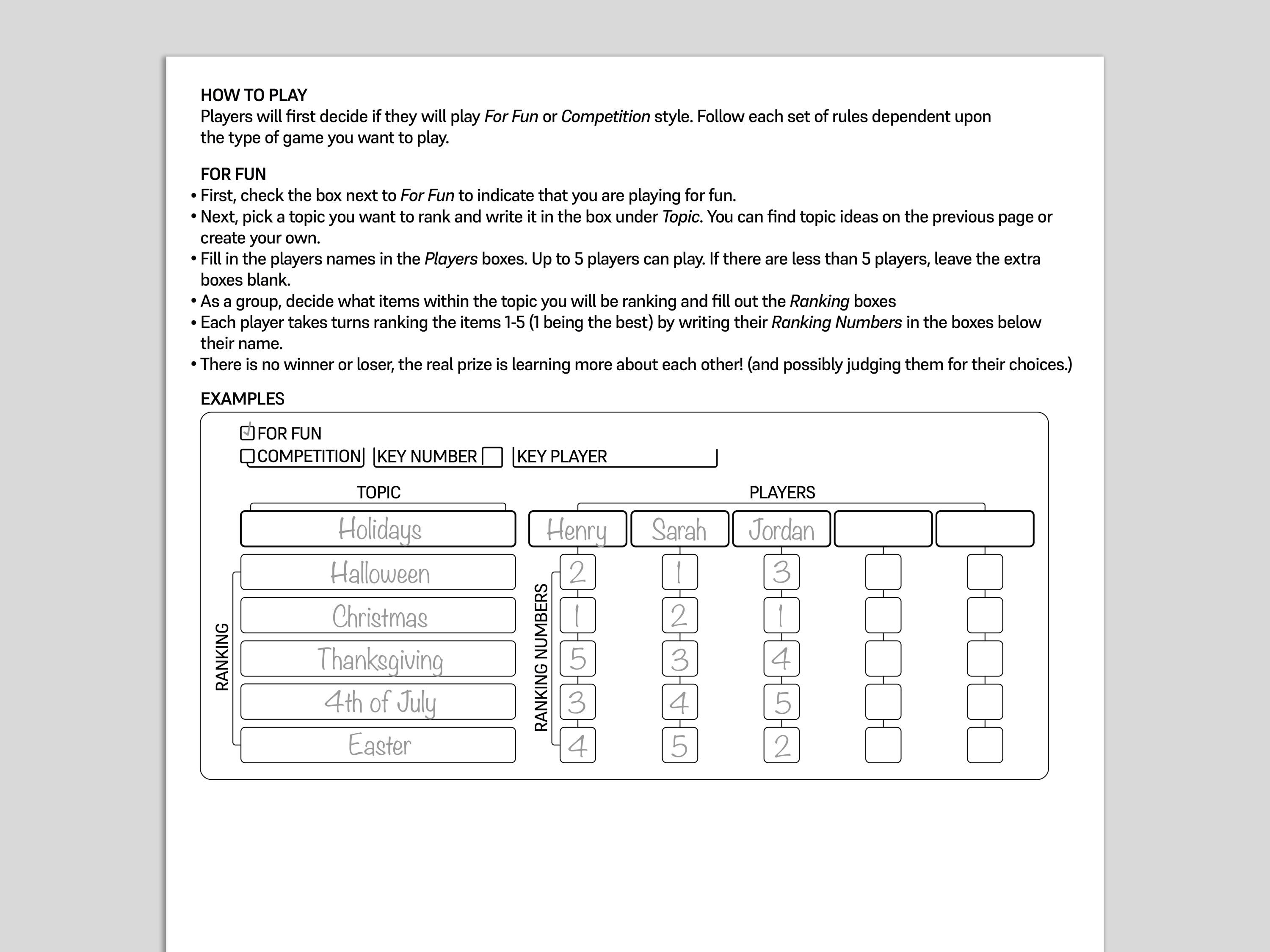Printable Game for Family and Friends, Ranked, Pen and Paper Game ...