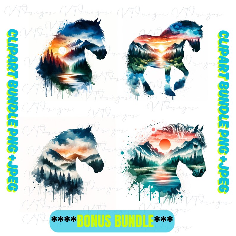 14 Horses Floral Flowers Animal Watercolor Clipart Printable JPG PNG ...