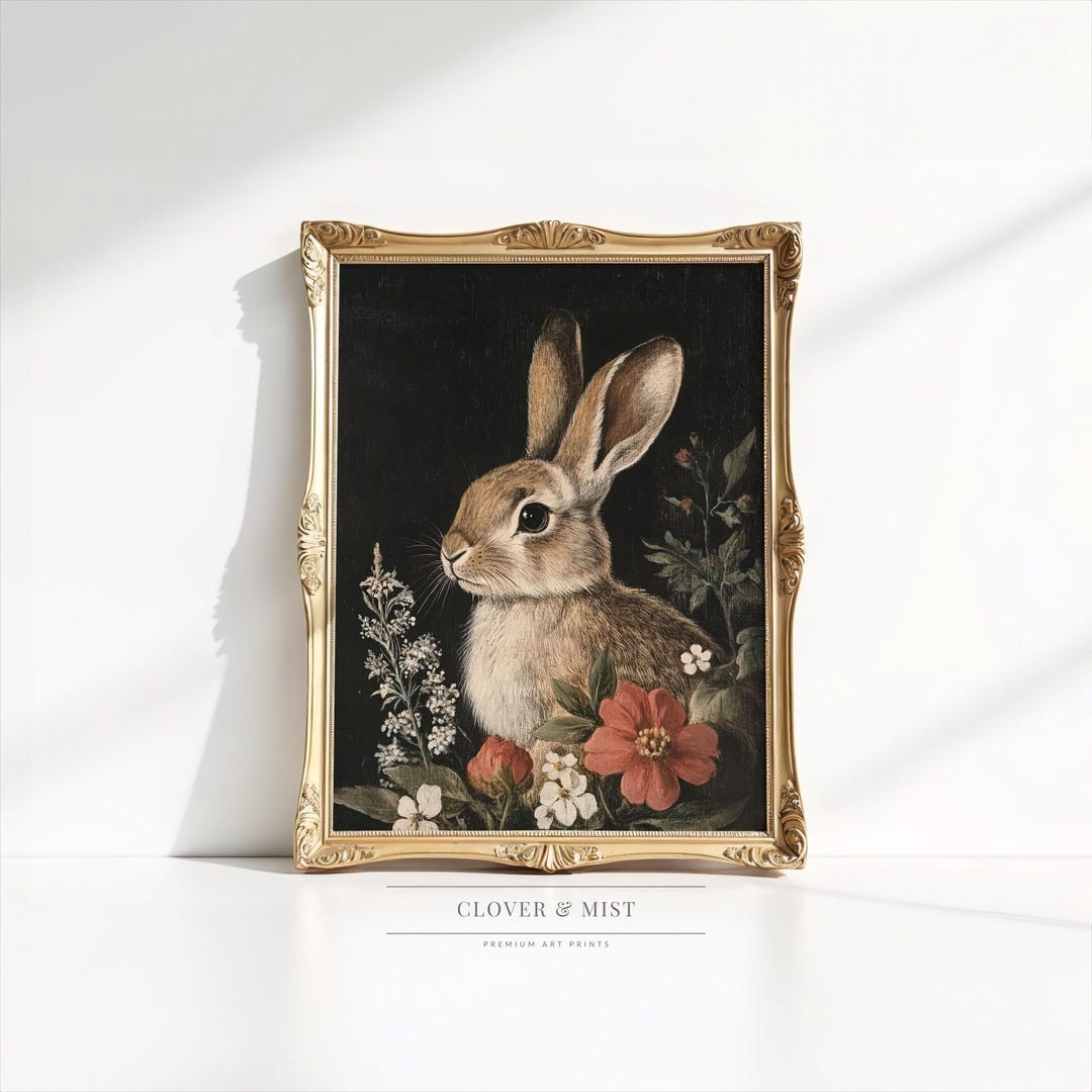 Vintage Botanical Bunny Painting, Floral Woodland Animal Wall Art ...