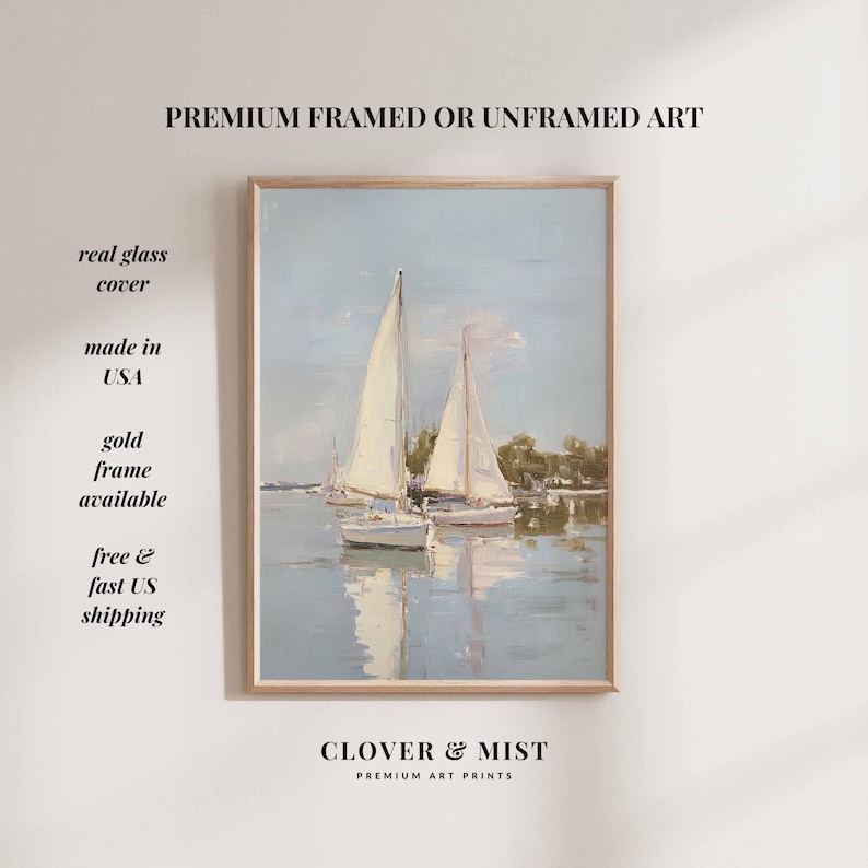 Light Blue Sailboat Painting: Vintage Nautical Lake House Art 95 - Etsy