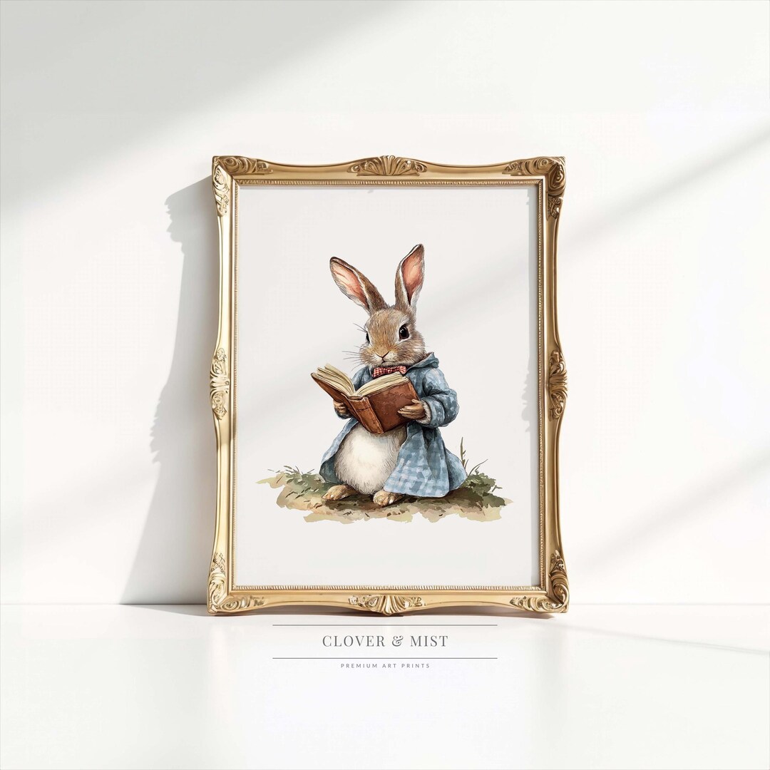Vintage Bunny Reading Illustration, Rabbit Nursery Art, Cottagecore ...