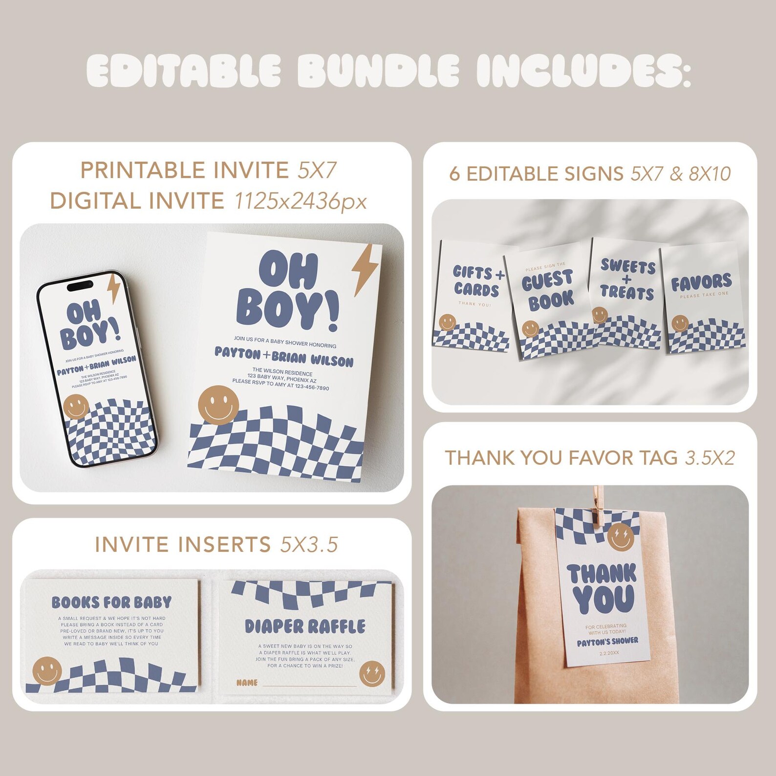Blue Smiley Face Baby Shower Invitation Set: Editable Canva Template ...
