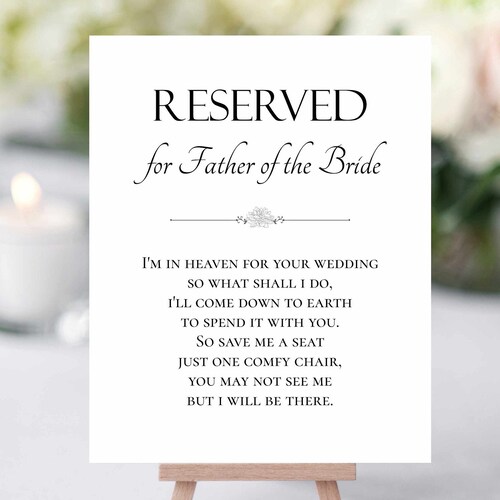 Printable Memorial Chair Sign. Reserved for the Father of the - Etsy