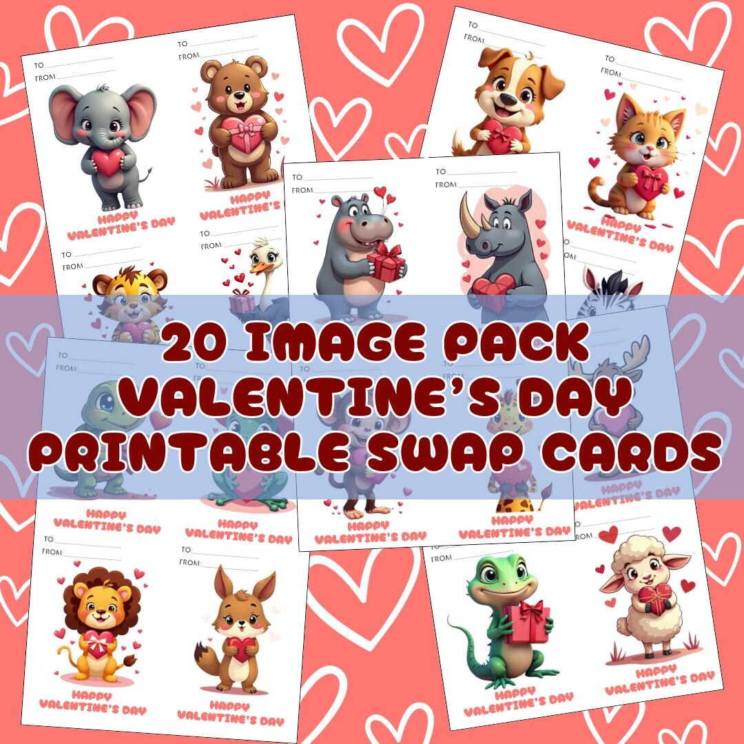 Valentine's Day Printable Exchange Cards, Instant Download. Cute Animal ...