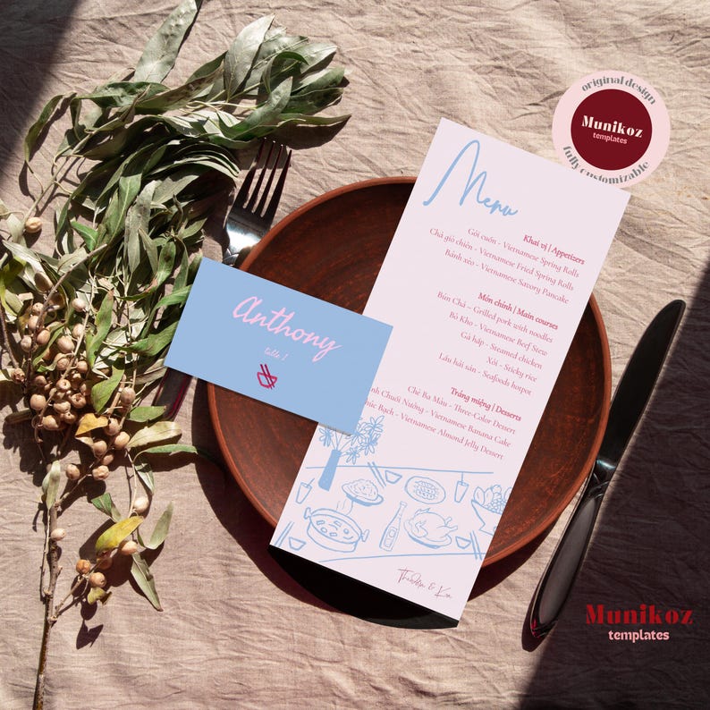 Hand Drawn MENU + PLACE CARD Template Handwritten Food Menu Vietnam ...