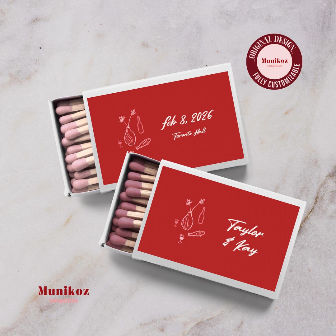 MATCHBOX FAVOR Template Hand Drawn Scarlet Illustrated Editable Favor ...