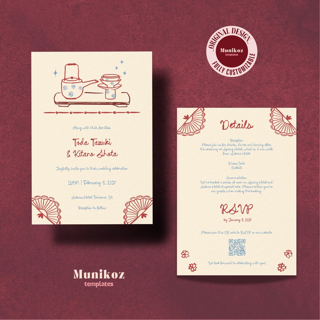 Japan Inspired WEDDING INVITATION Template Hand Drawn Japanese ...