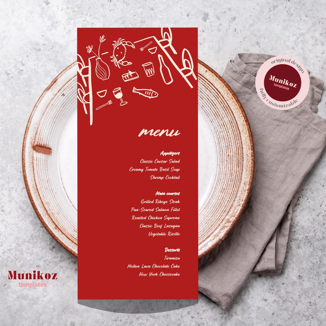 Buy Hand Drawn MENU CARD Template Scarlet Illustrated Editable Food ...
