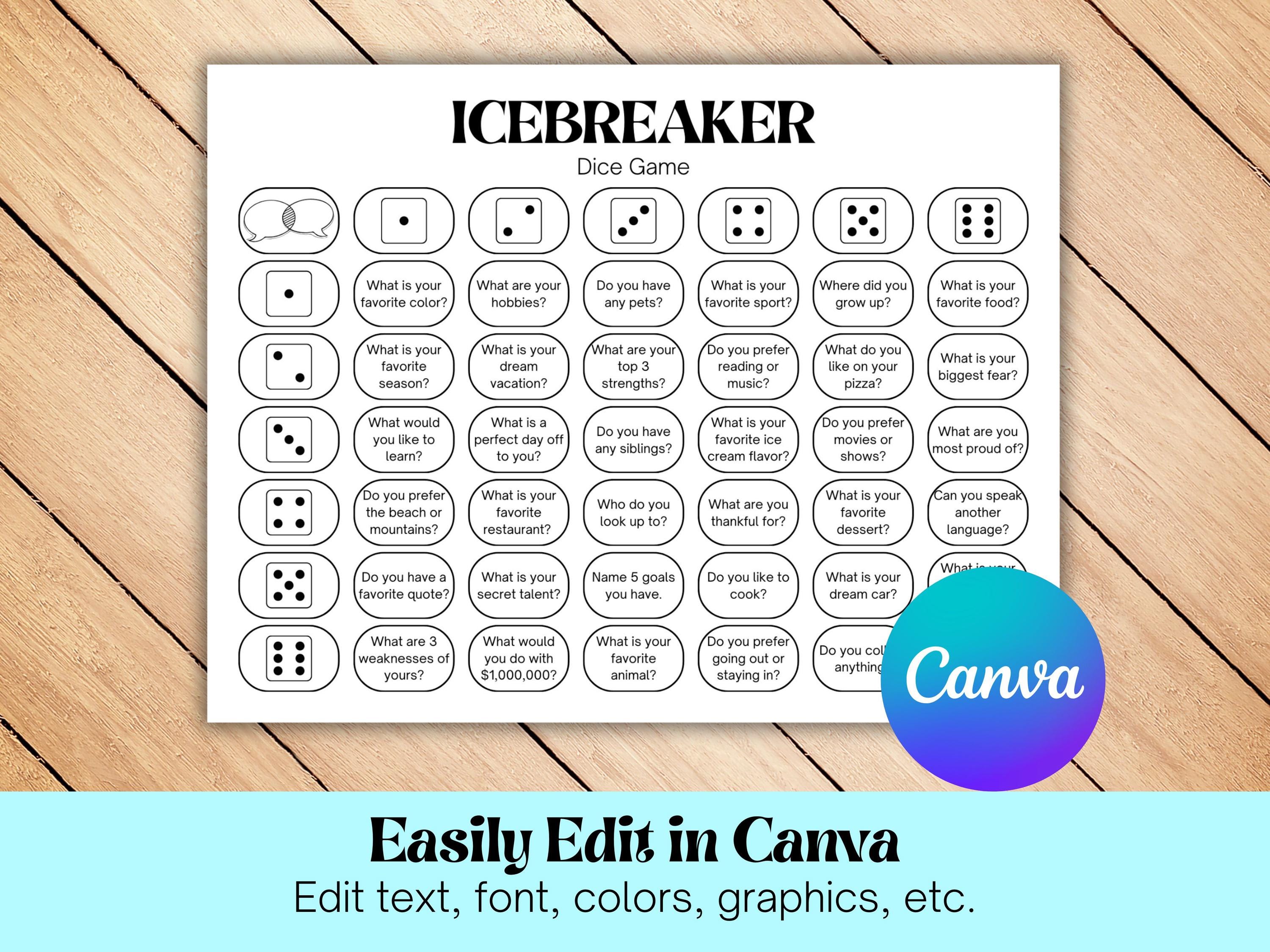 Editable Icebreaker Dice Game Printable, Icebreaker Activity, Get to ...
