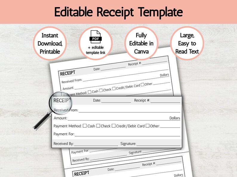 Editable Receipt Template, Printable Receipts, Simple Receipt, Rent Receipt, Small Business ...