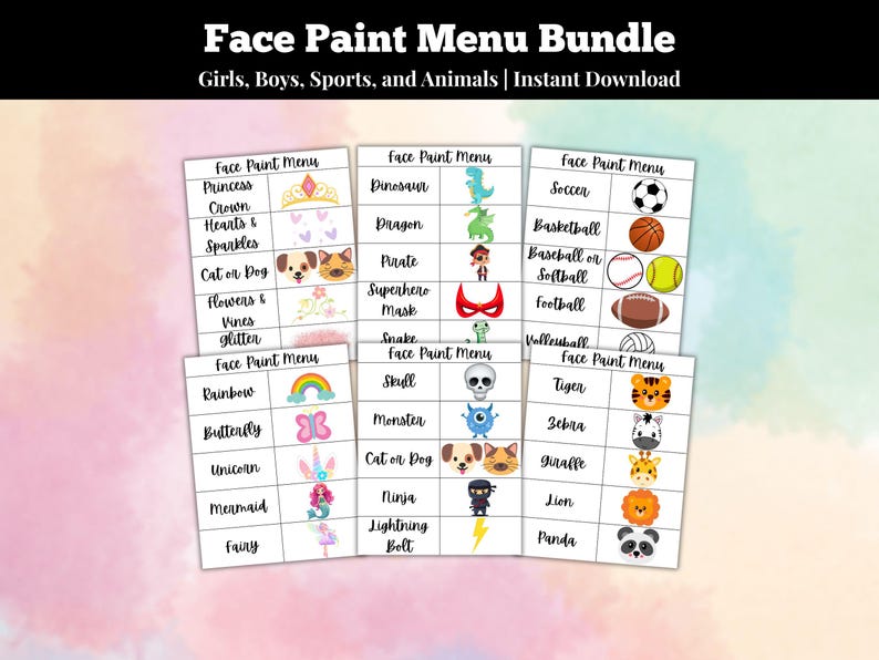 Face Paint Menu Word Board Printable, Face Paint for Girls, for Boys ...