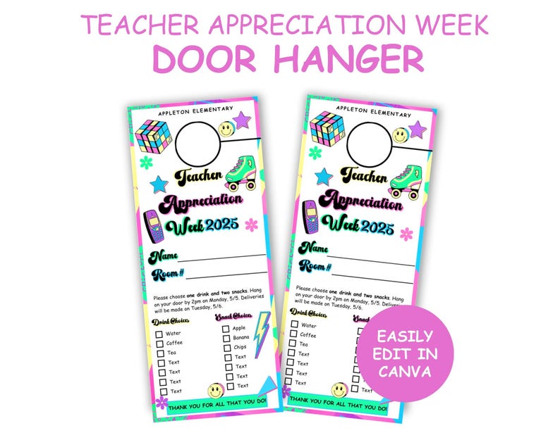 90s Theme Editable Teacher Appreciation Week Door Hangers, Retro ...