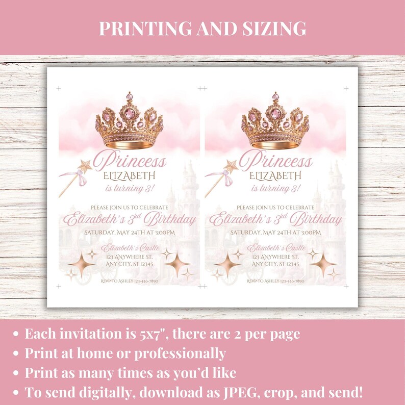 Editable Princess Birthday Invitation, Printable Princess Invite, Pink ...