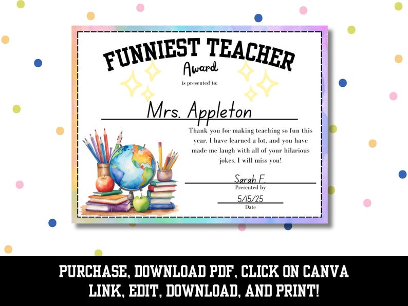 EDITABLE Teacher Award Certificate, Funny Teacher Award, Teacher ...