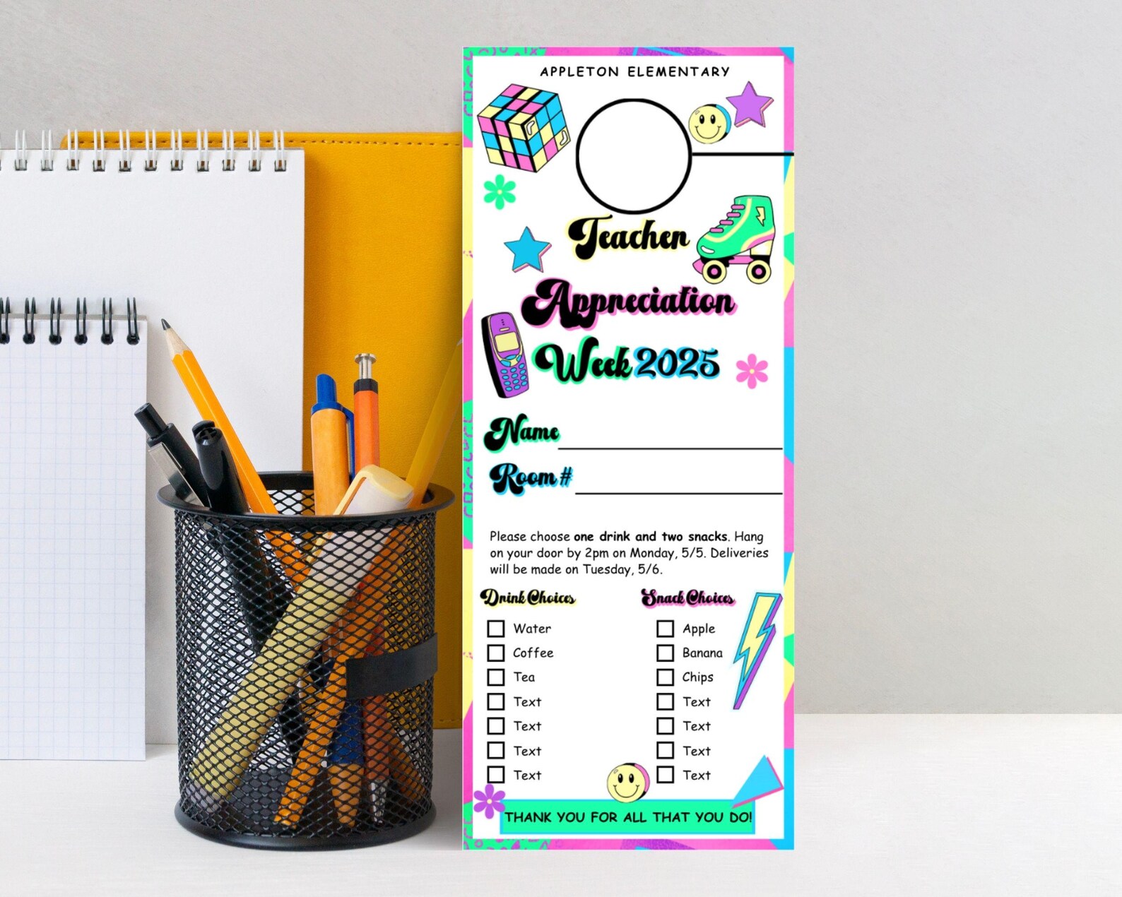 90s Theme Editable Teacher Appreciation Week Door Hangers, Retro ...