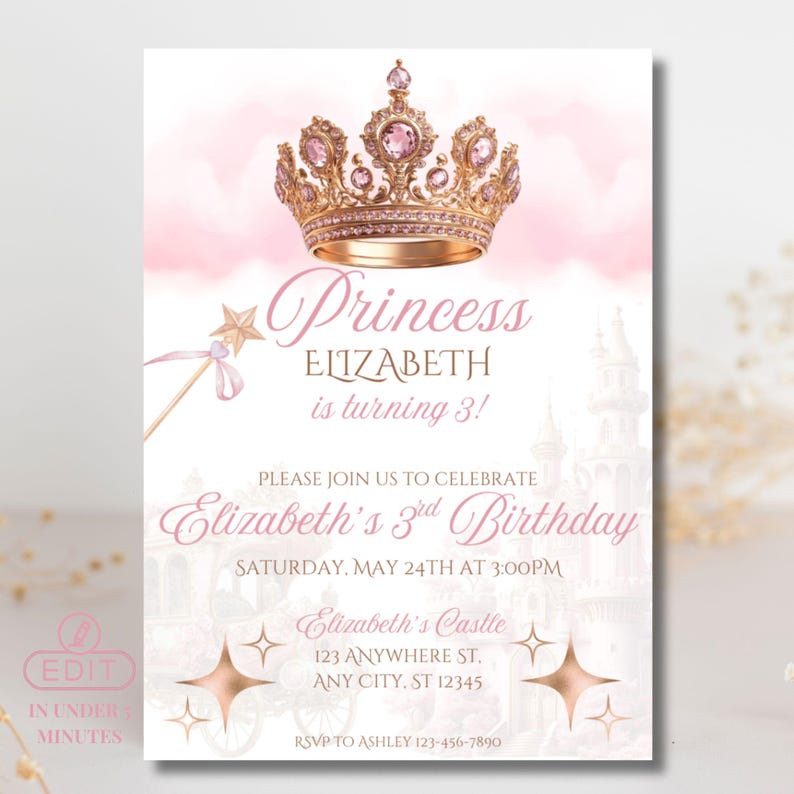 Editable Princess Birthday Invitation, Printable Princess Invite, Pink ...