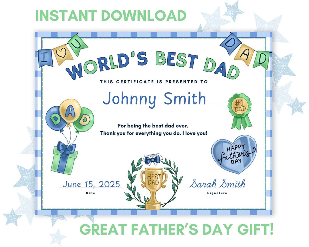 World's Best Dad Certificate Printable, Father's Day Gift, Best Dad ...