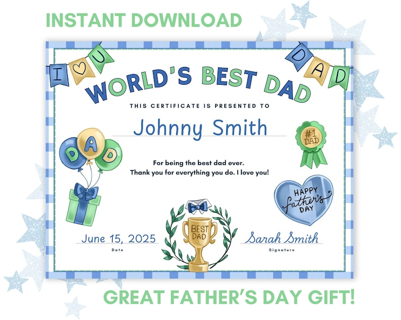 World's Best Dad Certificate Printable, Father's Day Gift, Best Dad ...