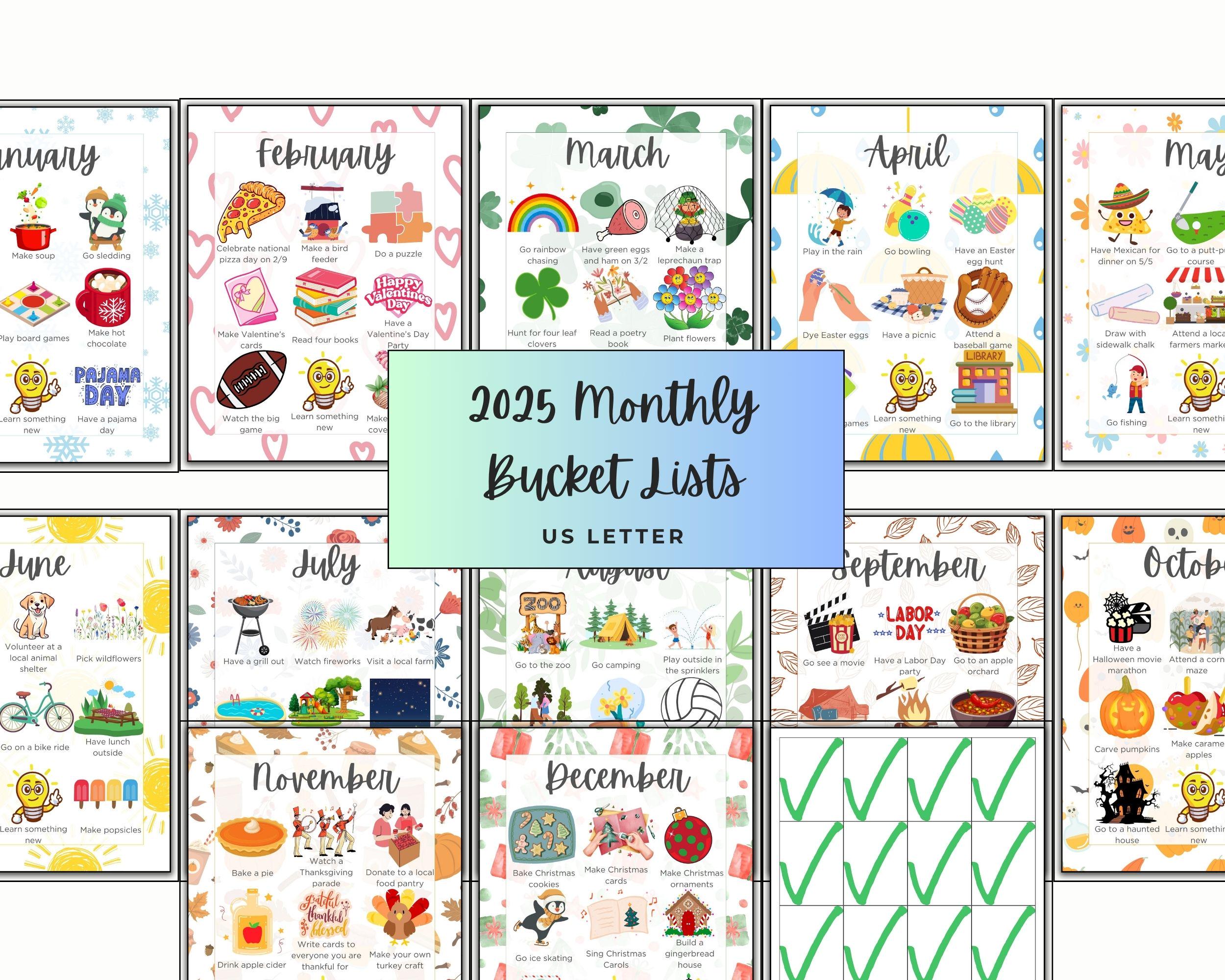 12 Months Bucket List, Printable Bucket List, Monthly Bucket List, 2025 ...