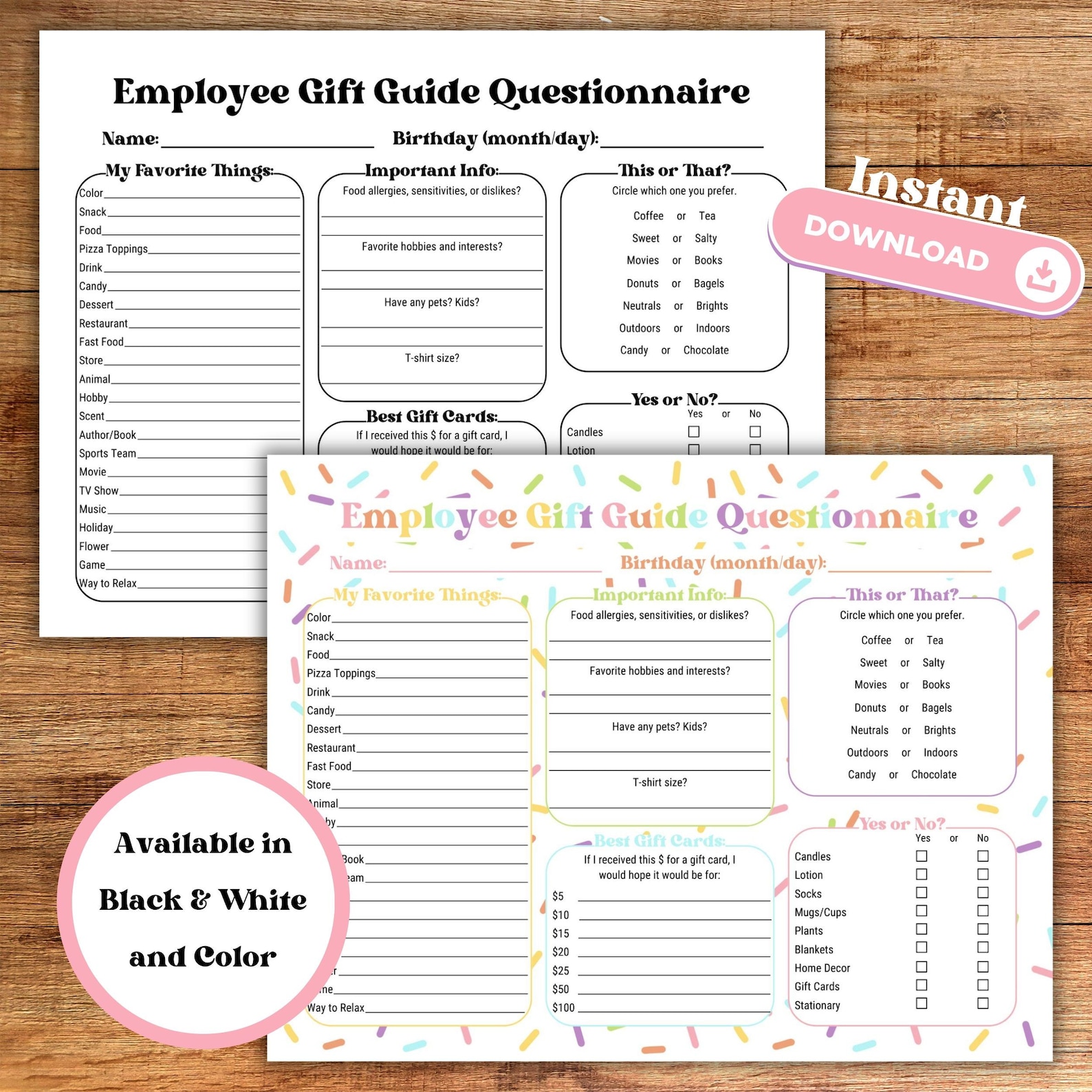 Work Birthday Questionnaire Printable, Favorite Things Survey Team ...