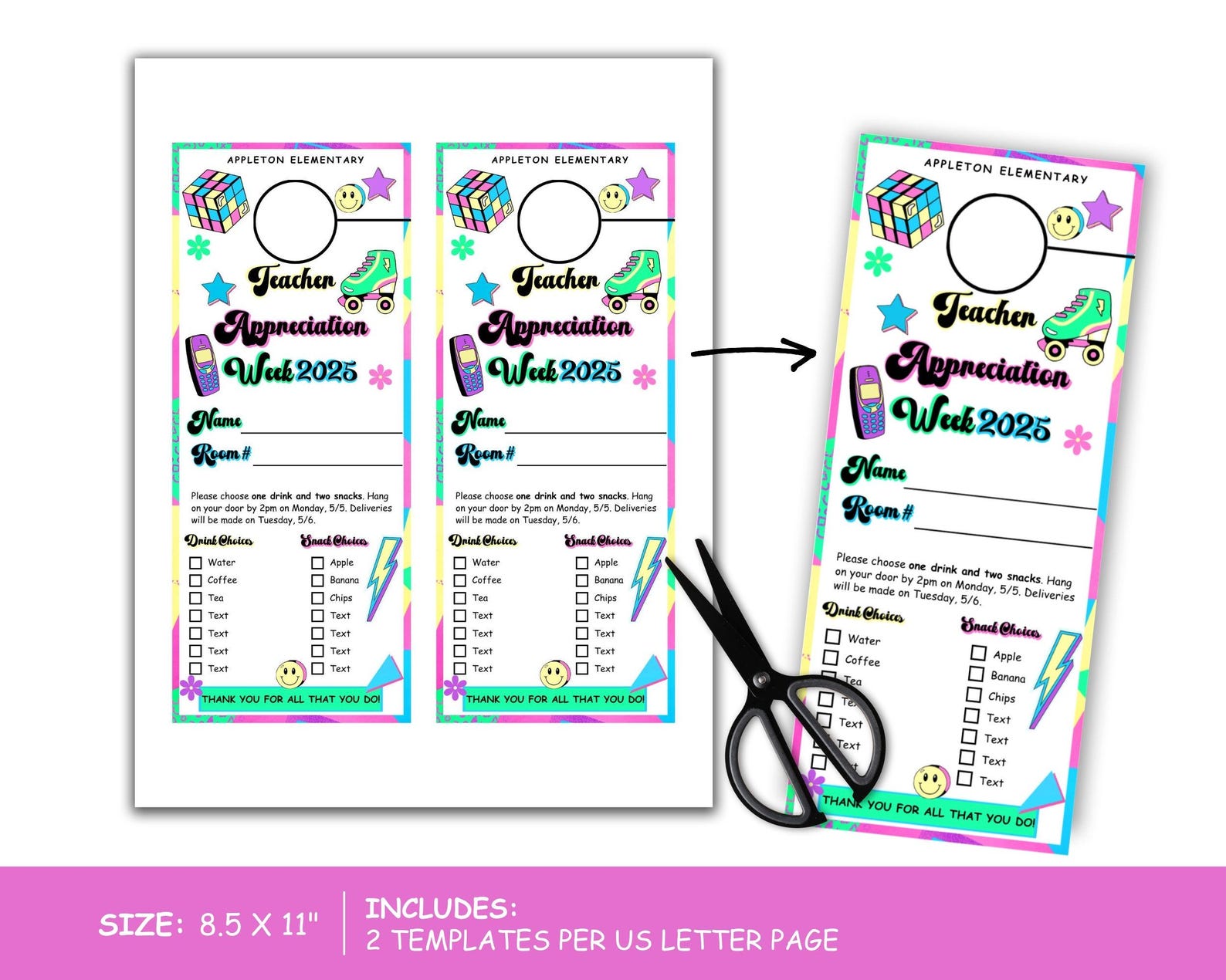 90s Theme Editable Teacher Appreciation Week Door Hangers, Retro ...