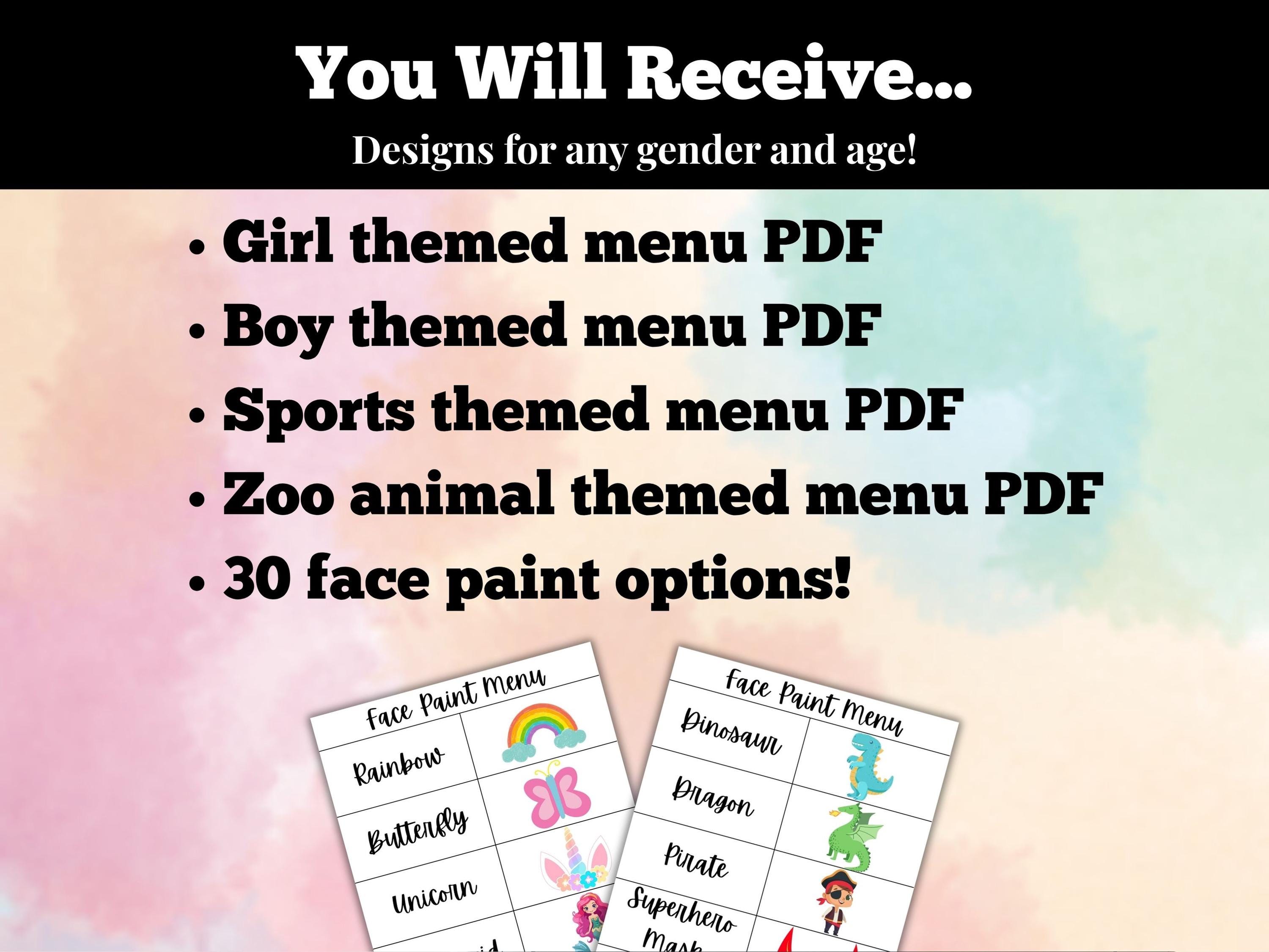 Face Paint Menu Word Board Printable, Face Paint for Girls, for Boys ...