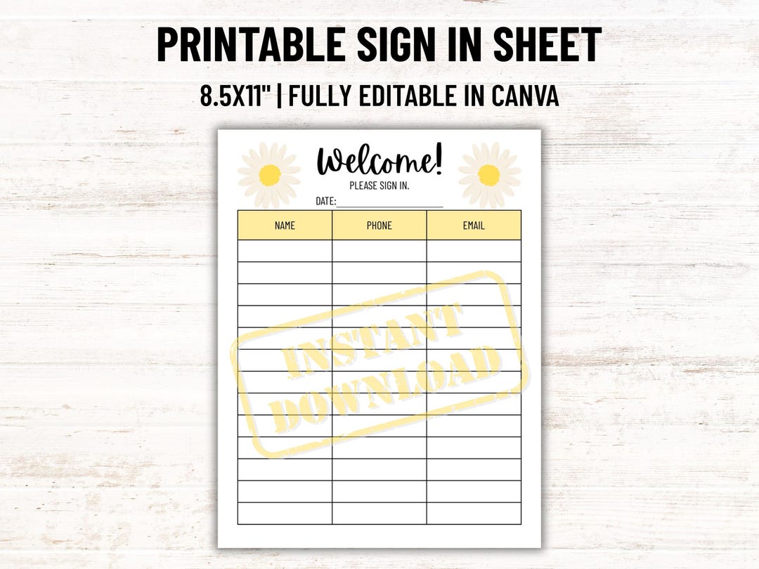 Editable Template for Signing in With Daisies Printable Sign in Sheet ...