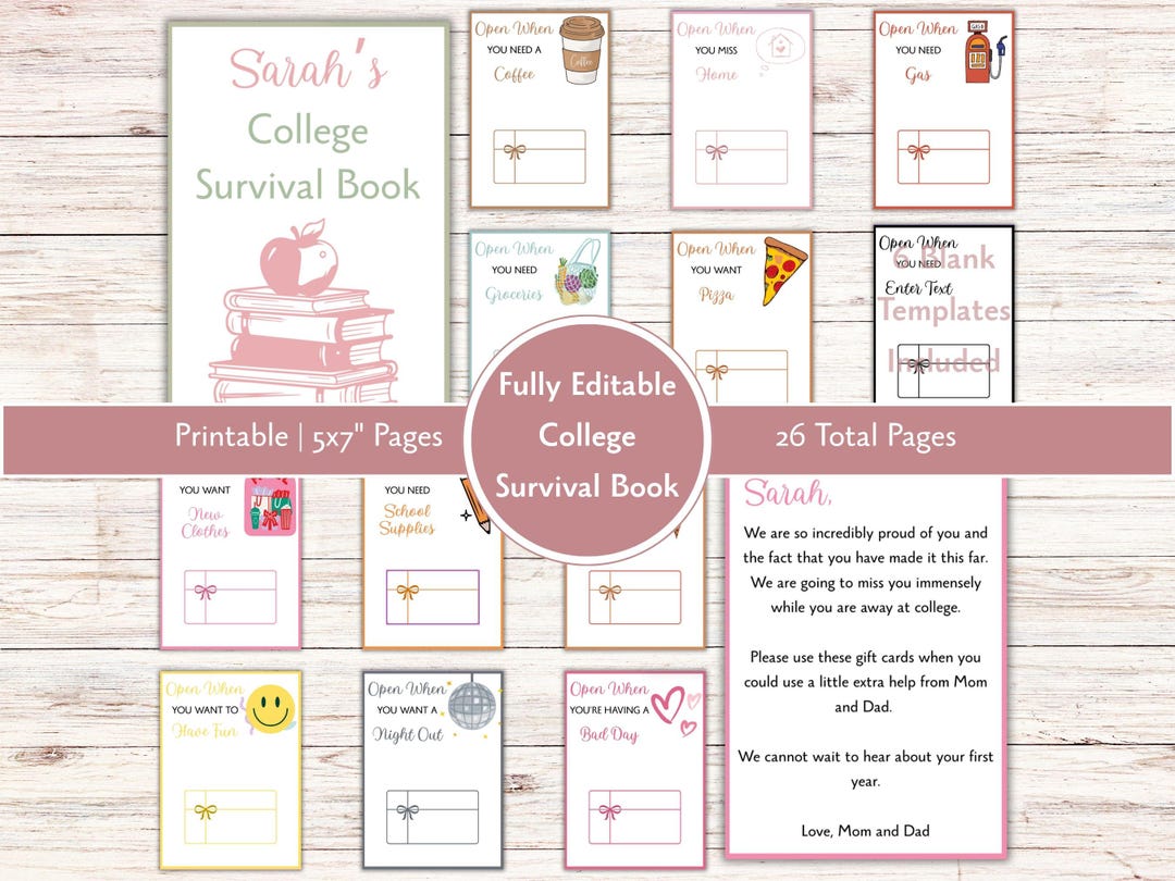Editable College Survival Kit Printable Gift Card Book, Gift for ...