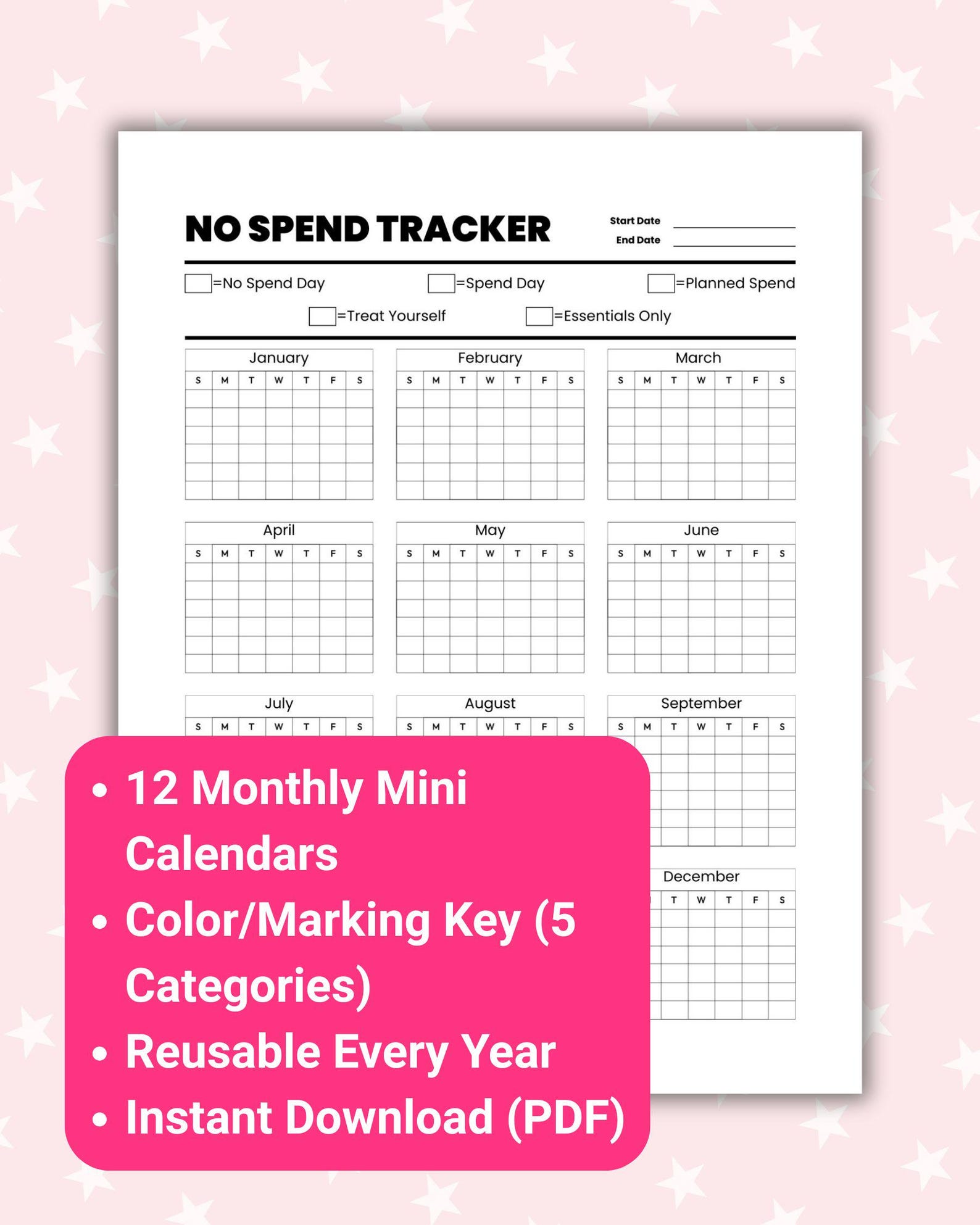 No Spend Tracker Printable, Reusable 2026 No Spend Challenge, No Spend ...