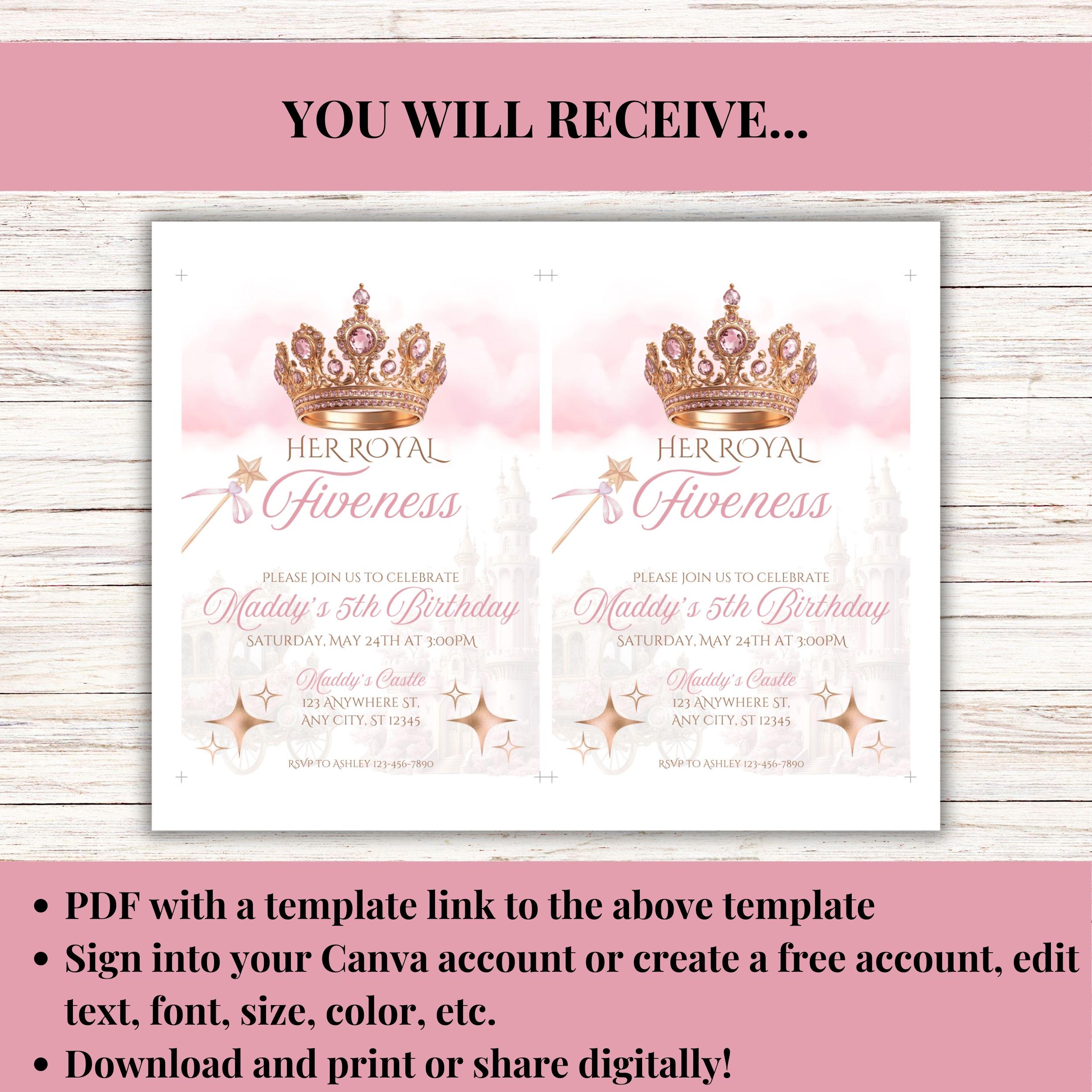 Editable Her Royal Fiveness Birthday Invitation Printable, Princess ...