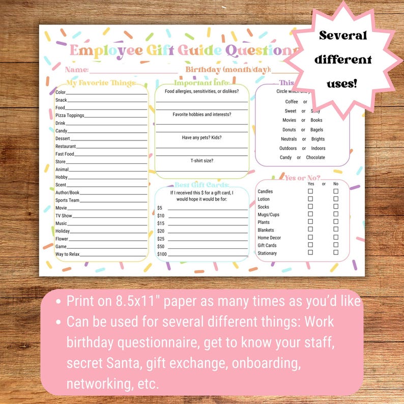Work Birthday Questionnaire Printable, Favorite Things Survey Team ...