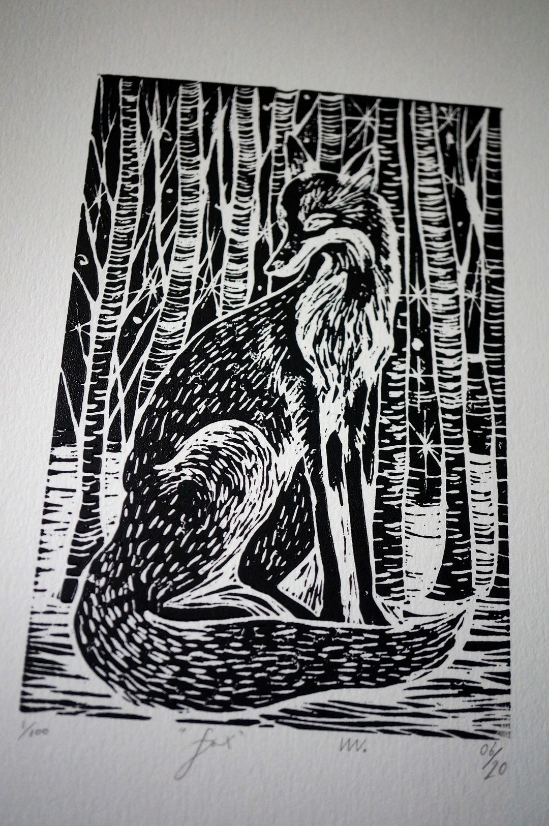 Linocut Fox Print Handmade Print - Etsy