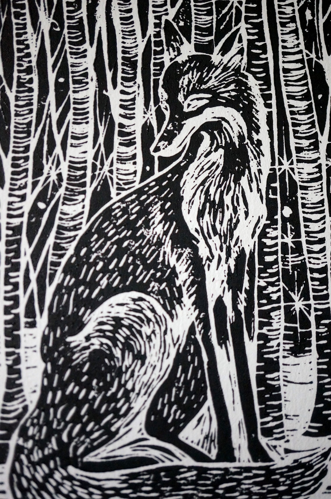 Linocut Fox Print: Handmade Forest Scene Wall Art - Etsy