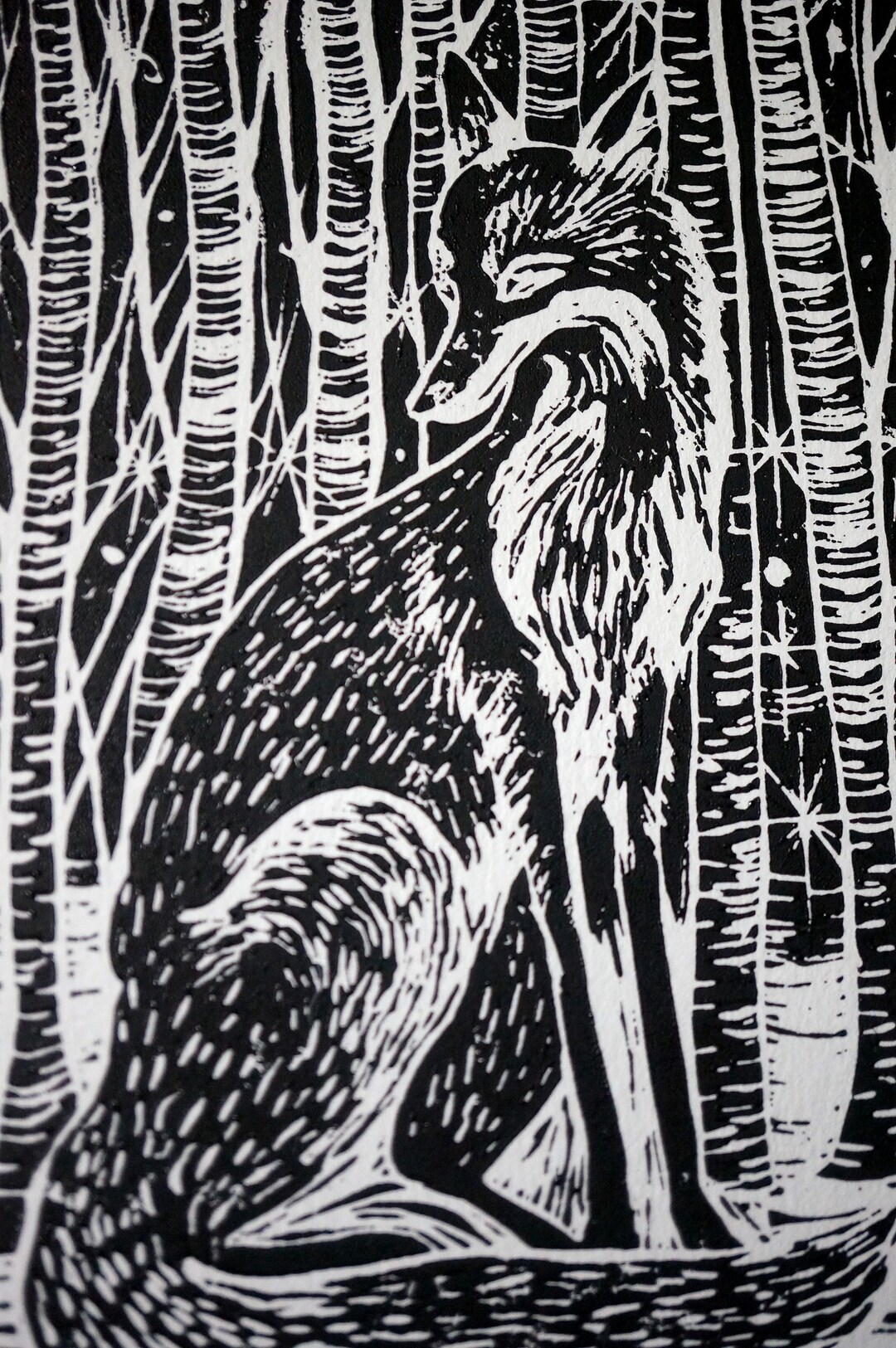 Linocut Fox Print Artwork, Handmade Print Wall Decor, Forest Fox - Etsy