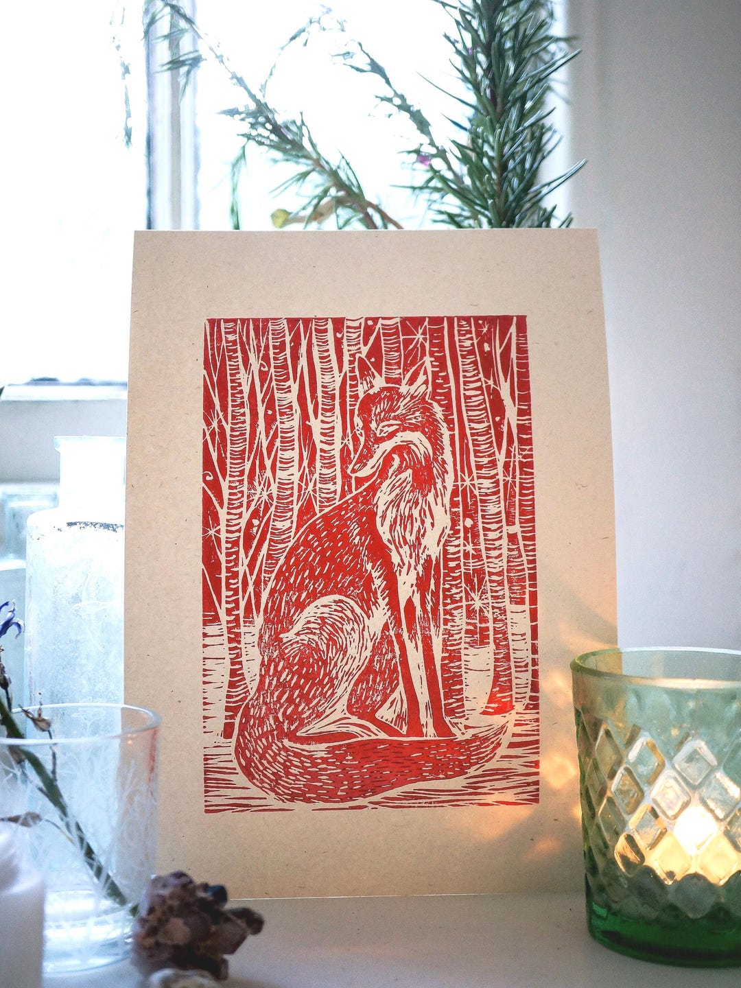 Fuchs Linoldruck: Rotfuchs, Birken, Sternenhimmel - Etsy.de