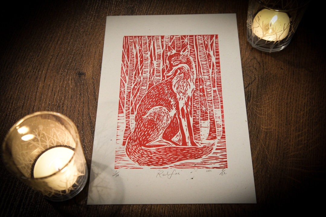 Buy Fox Linocut Print, Original Art, Fox With Stars and Birch Trees ...