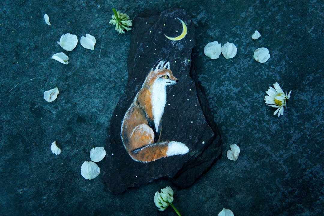 Little Fox Original Painting on Slate Fox With Crescent Moon - Etsy