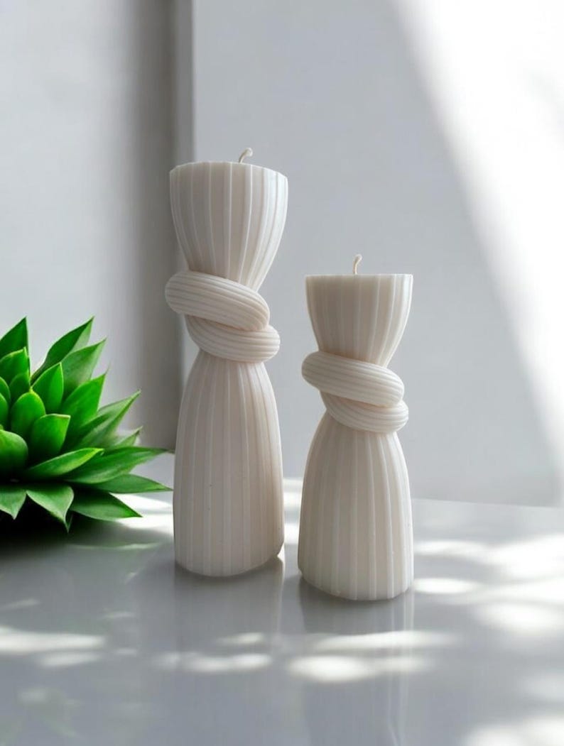 Set of Elegant Knot Ribbed Pillar Candles - Premium 100% Natural Palm ...