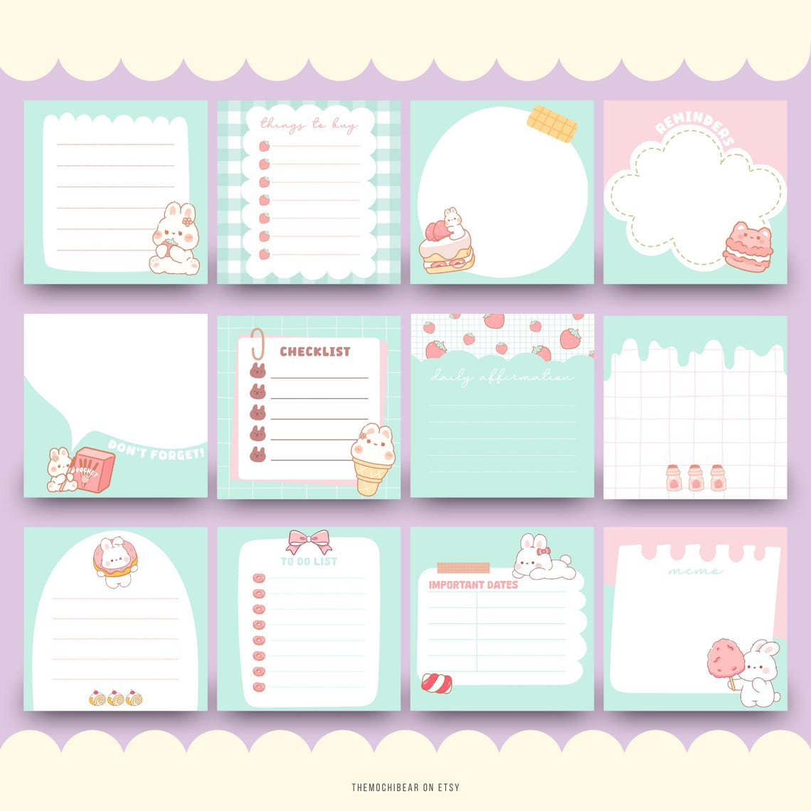 Kawaii Food Printable Memo Pad: 3"x3”, 12 Cute Designs ,PNG & PDF (A4 ...