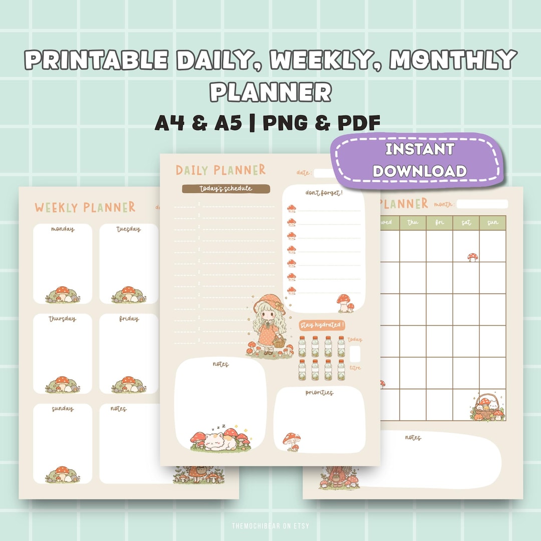 Cute Mushroom Printable Planner Bundle | Daily, Weekly, Monthly A4 & A5 ...