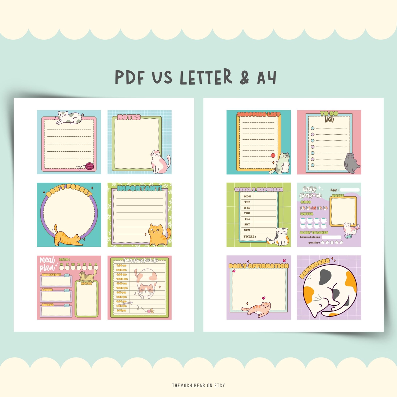 Cute Cat Printable Memo Pad: 12 Designs, 3x3” PNG&PDF (A4, US Letter ...