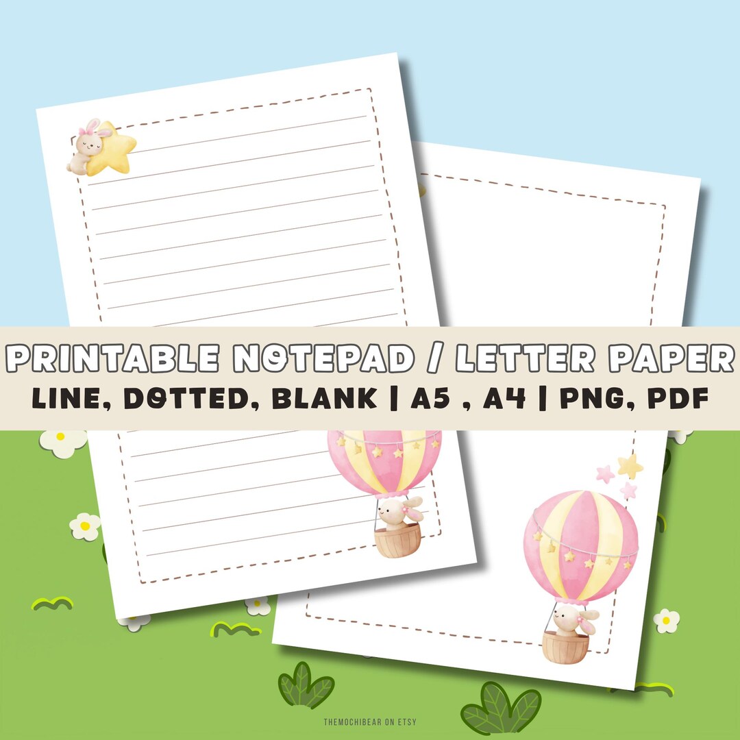 Printable Notepad Letter Paper |kawaii Bunny Hot Air Balloon Notes ...