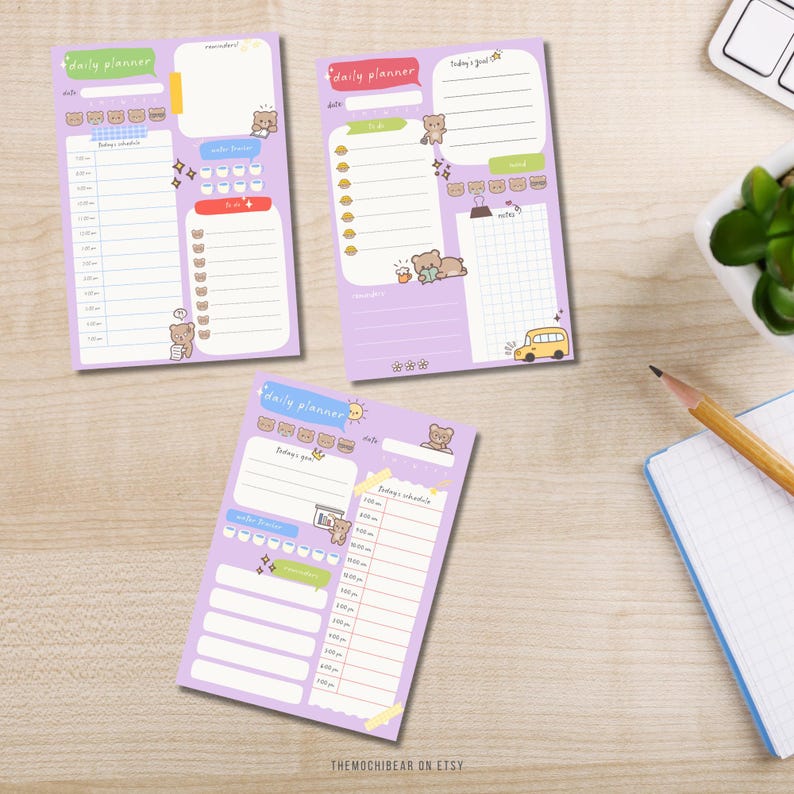 Printable Daily Planner, A5, A4, US Letter, Cute Bear Theme, Digital ...
