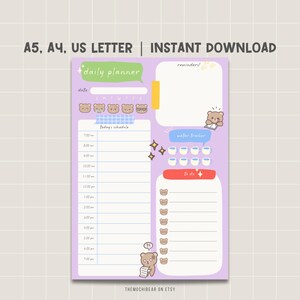 Printable Daily Planner, A5, A4, US Letter, Cute Bear Theme, Digital ...
